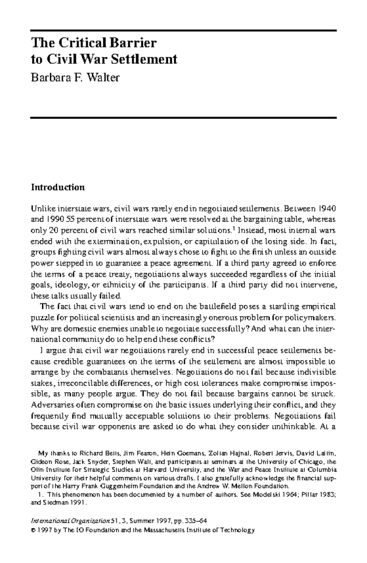 The Critical Barrier to Civil War Settlement: Analyzing Negotiation ...