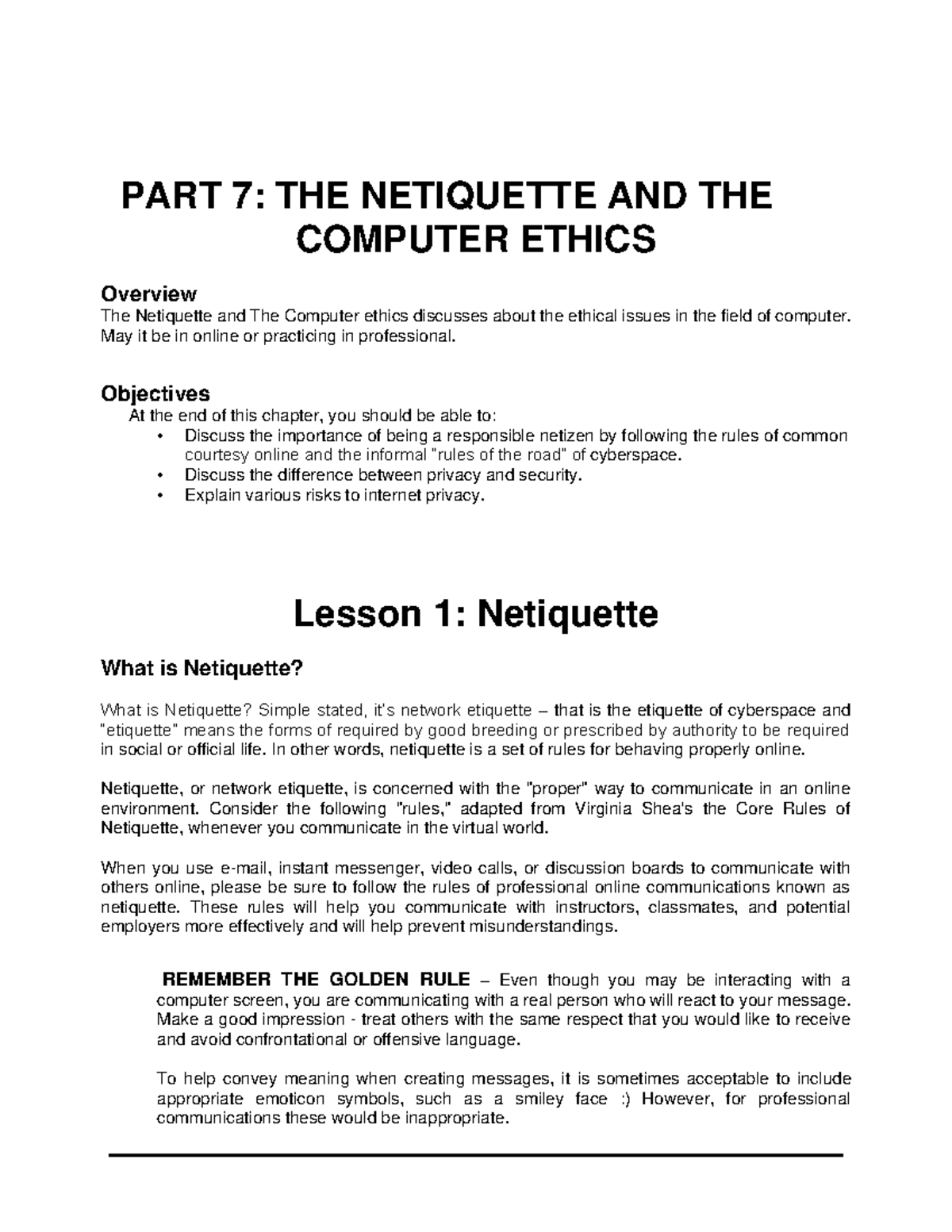 Part 7 - The Netiquette and Computer Ethics - PART 7: THE NETIQUETTE ...