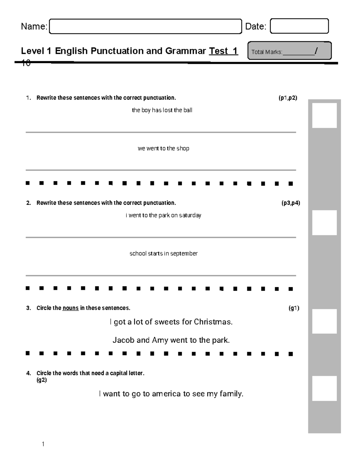 Level 1 English Punctuation & Grammar Test 1: Nouns & Adjectives - Studocu