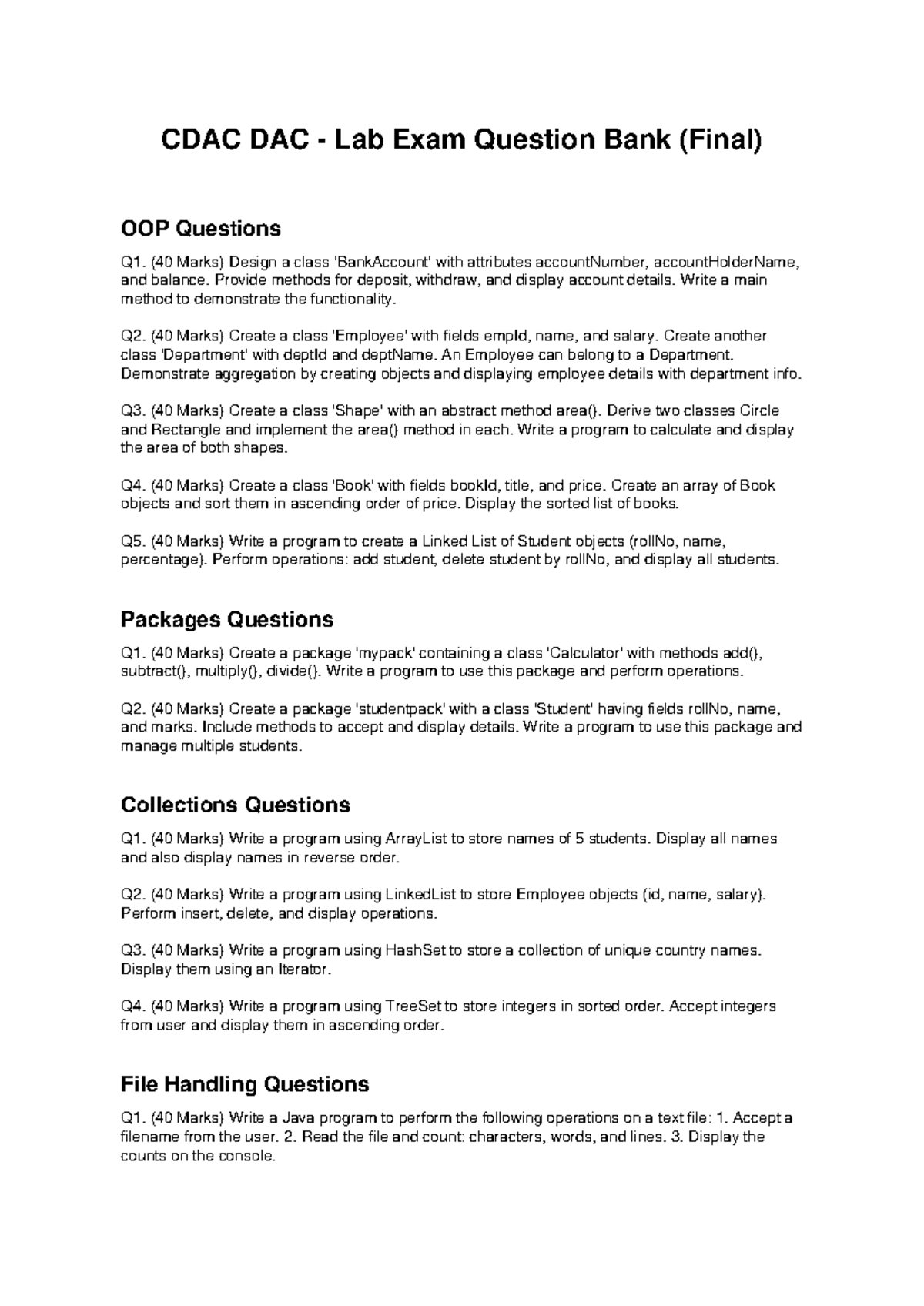 CDAC DAC Lab Exam Question Bank (Final) - OOP & Collections - Studocu