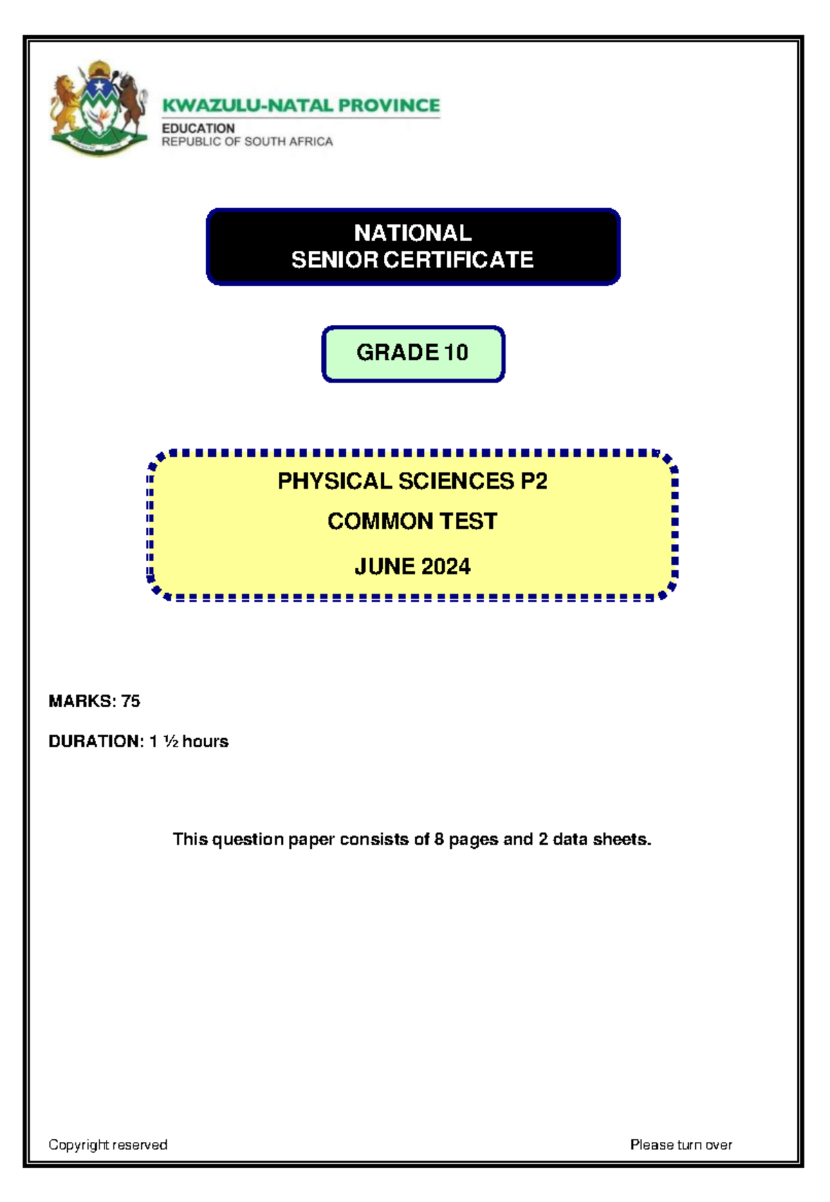 2024 KZN-Physical-Sciences-Grade-10-June-P2-QP - NATIONAL SENIOR ...