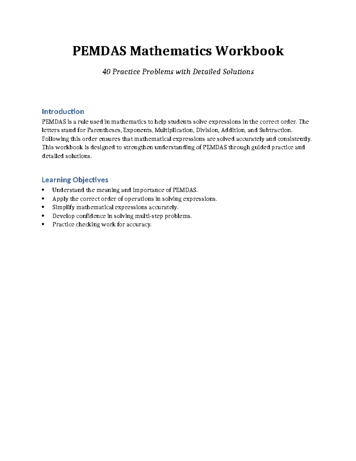 PEMDAS Math Workbook: 40 Practice Problems & Solutions - Studocu