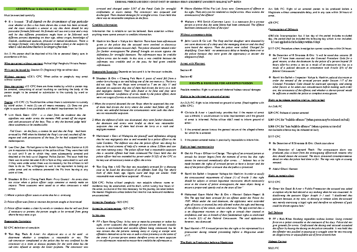 Criminal Procedure Code I Cheat Sheet: Key Arrest Principles and Cases ...