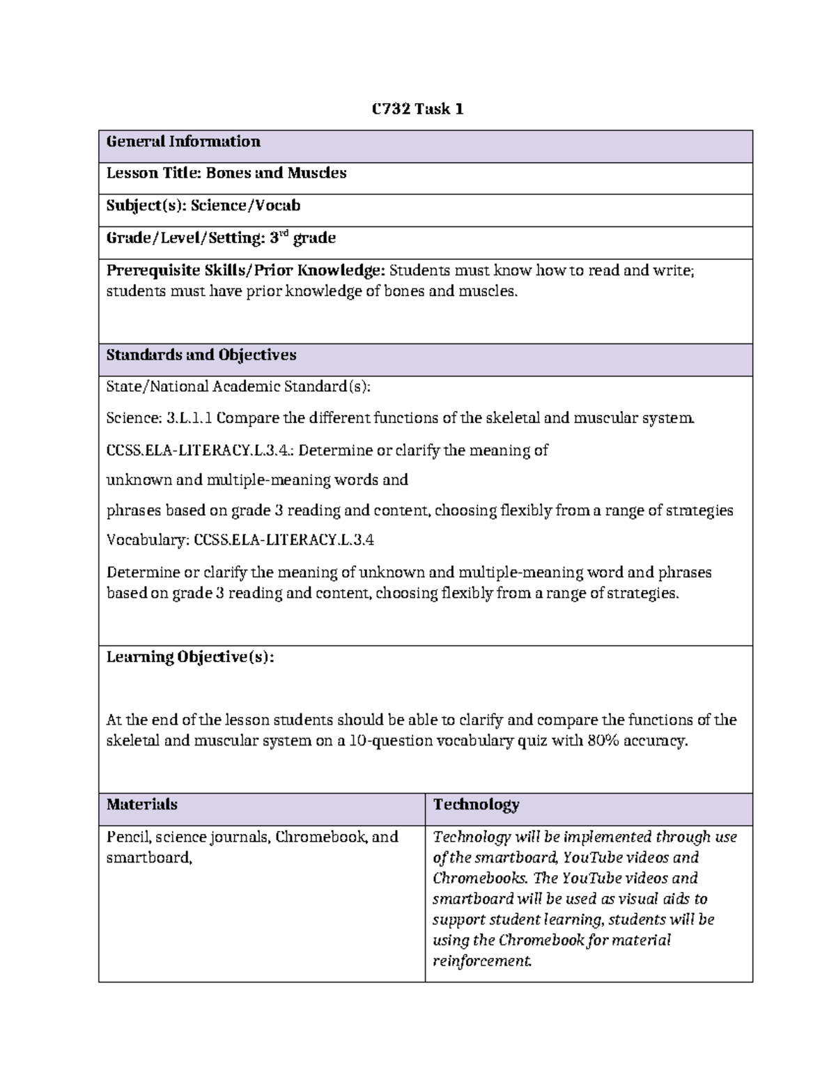 C732 Task 1 pass - C732 Task 1 General Information Lesson Title: Bones ...
