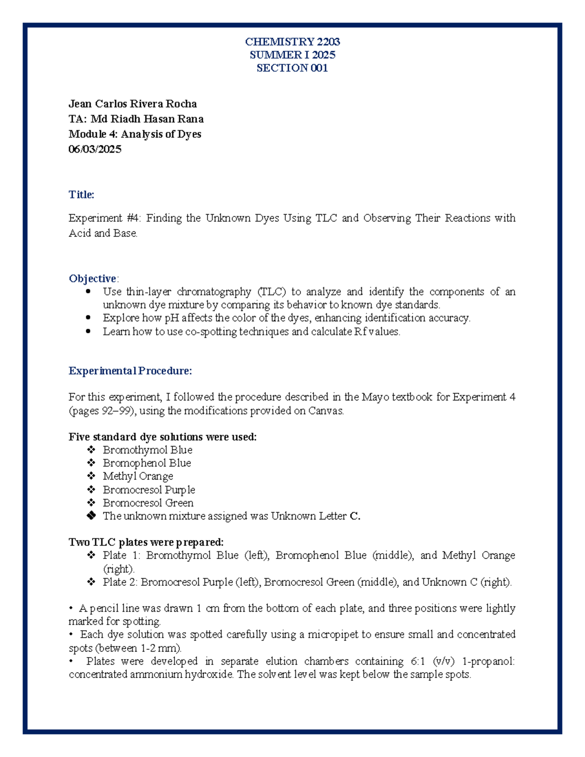CHEMISTRY 2203 SUMMER I 2025 SECTION 001: TLC Analysis of Unknown Dyes - Studocu