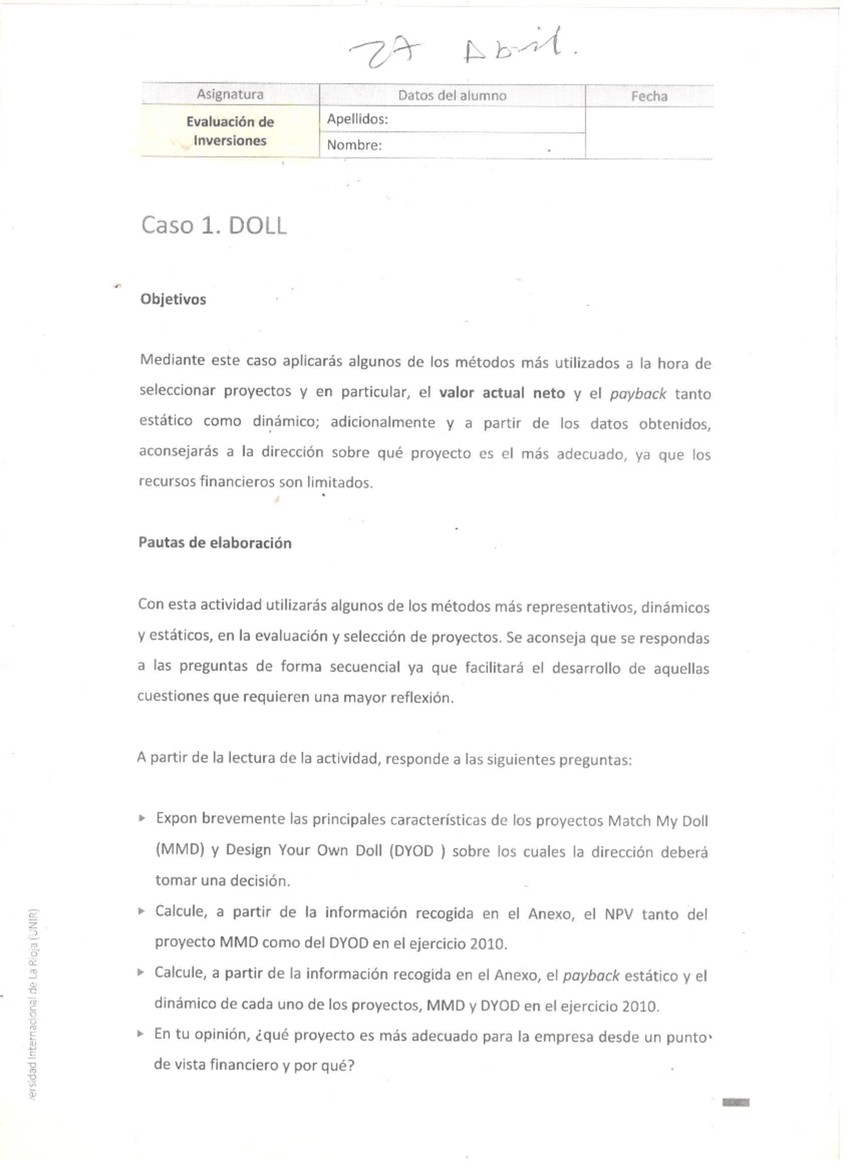 Caso 1: Evaluación Financiera de Proyectos MMD y DYOD - Inversiones ...