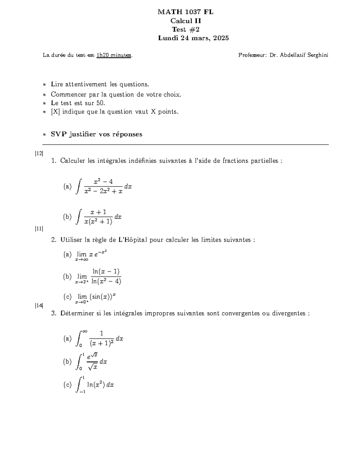 Test 2 MATH 1037 FL Calcul II - Lundi 24 Mars 2025 - Studocu