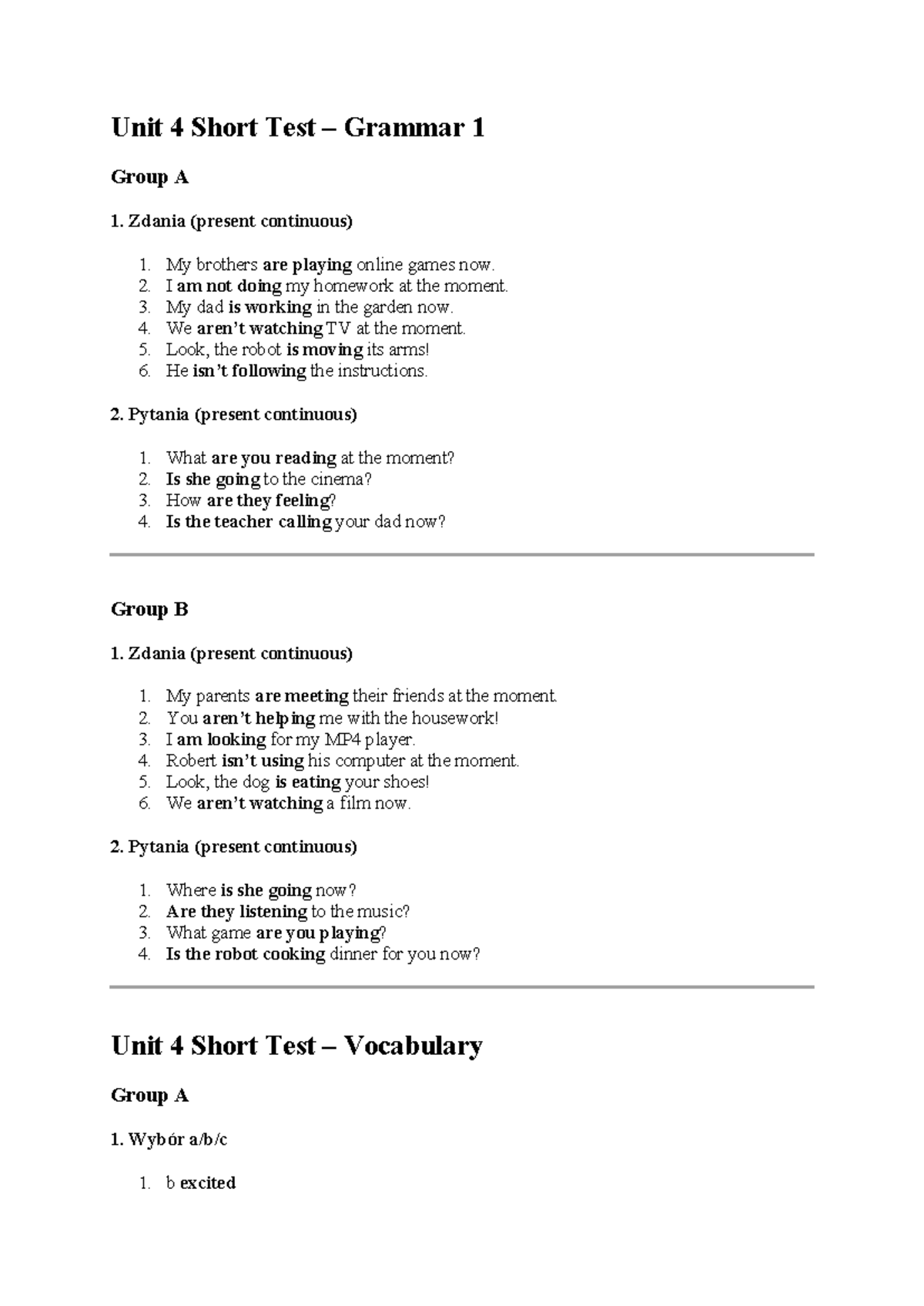 Unit 4 Short Test Answers: Grammar & Vocabulary - Studocu