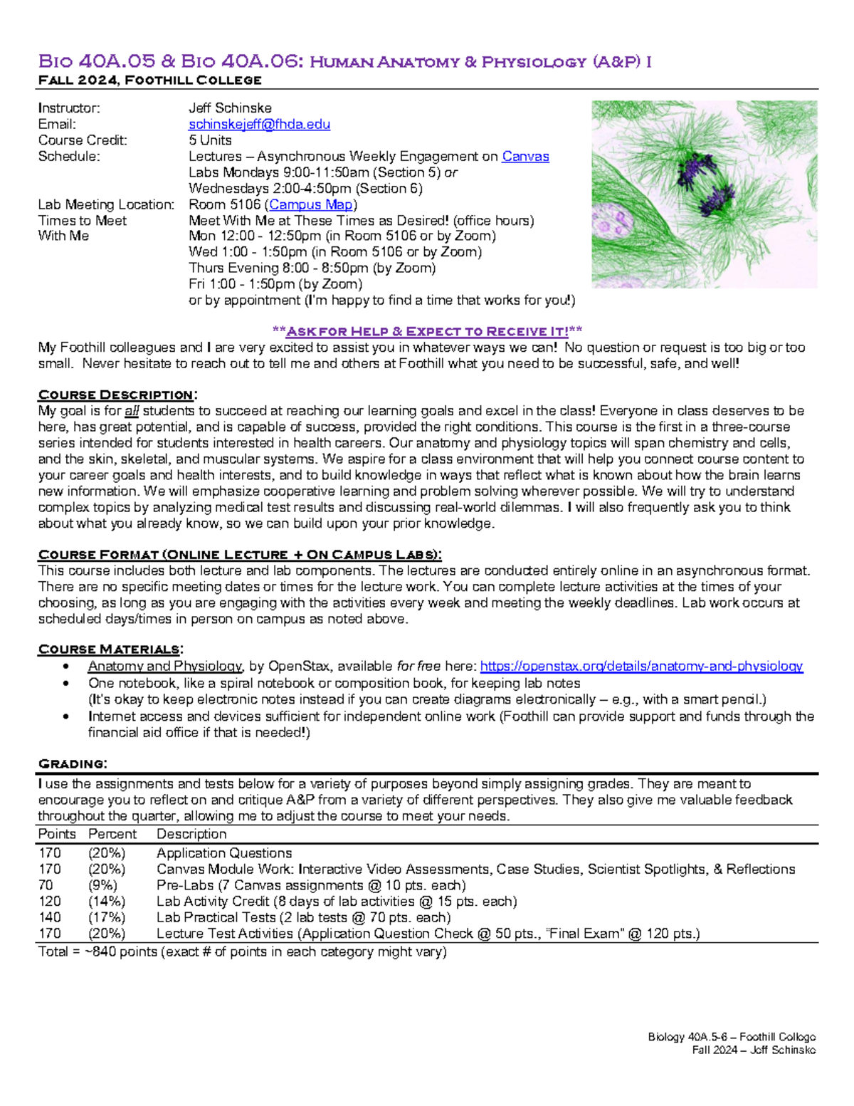 BIOL40A: Human Anatomy & Physiology I Syllabus - Fall 2024 - Studocu