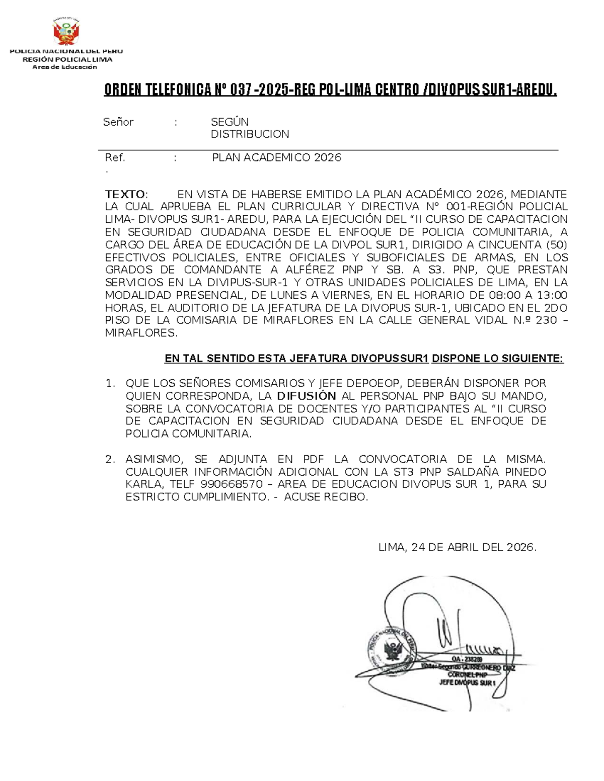 ORDEN TELEFONICA Nº 037: Convocatoria Curso Seguridad Ciudadana - Studocu
