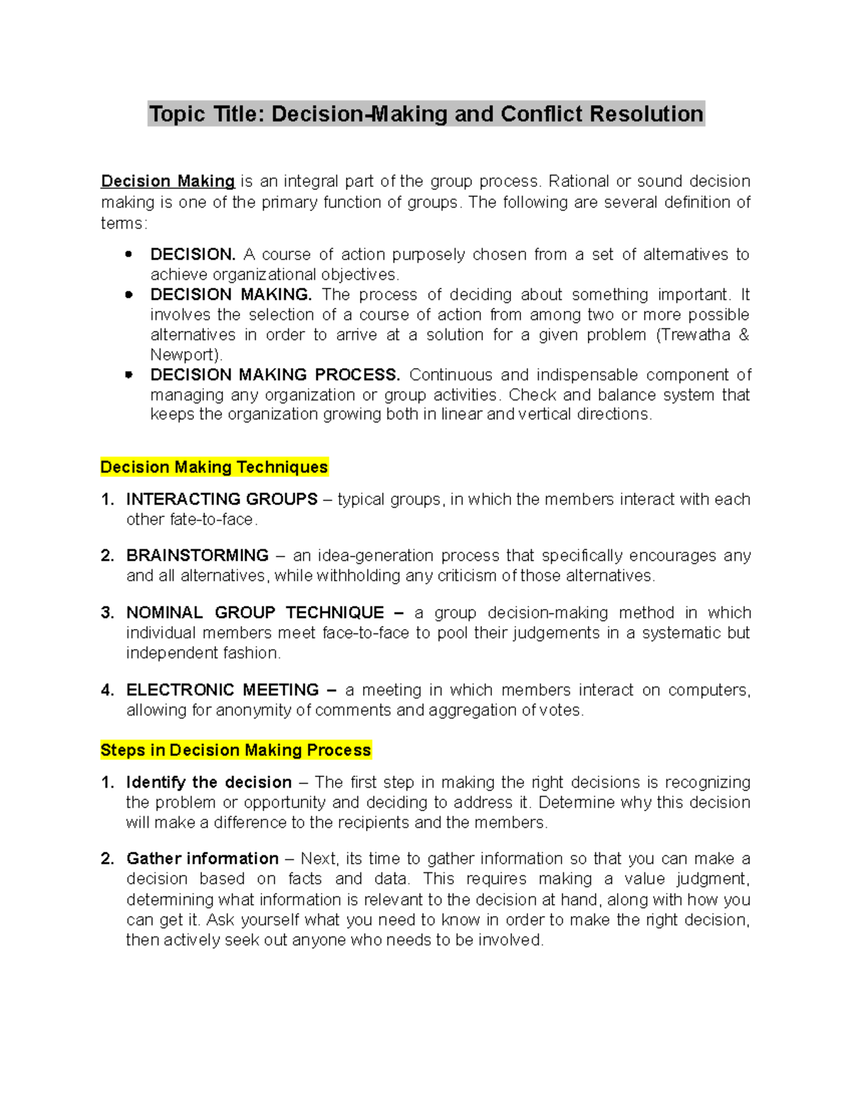 NSTP CWTS Module 8 BSA - Topic Title: Decision-Making and Conflict ...