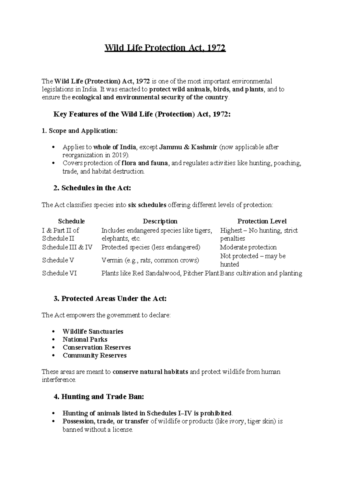 Wild Life Protection Act, 1972: Key Features & Provisions - Studocu