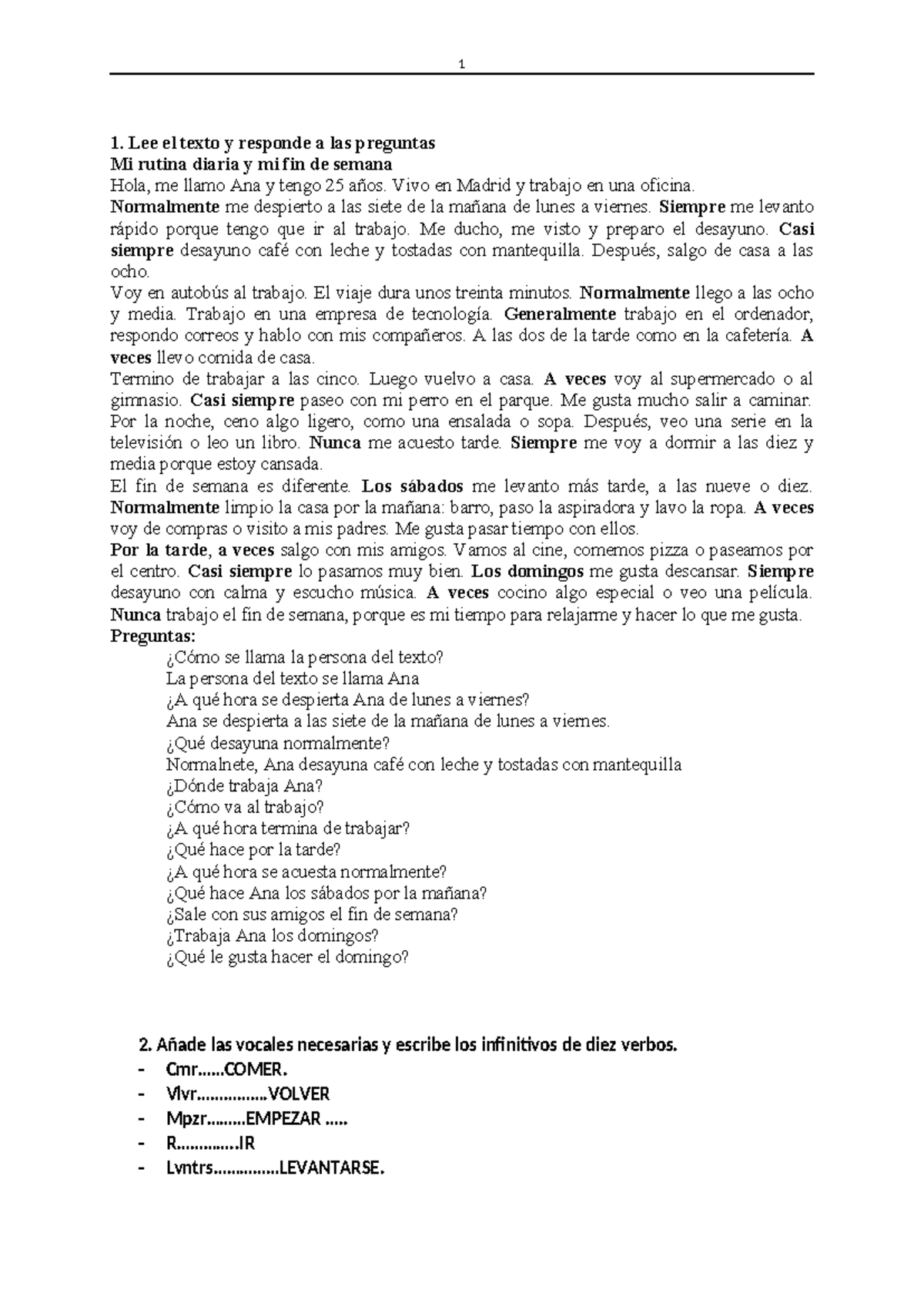 Ejercicios 6-12: Práctica de Español A1 - Mi Rutina Diaria y Fin de ...
