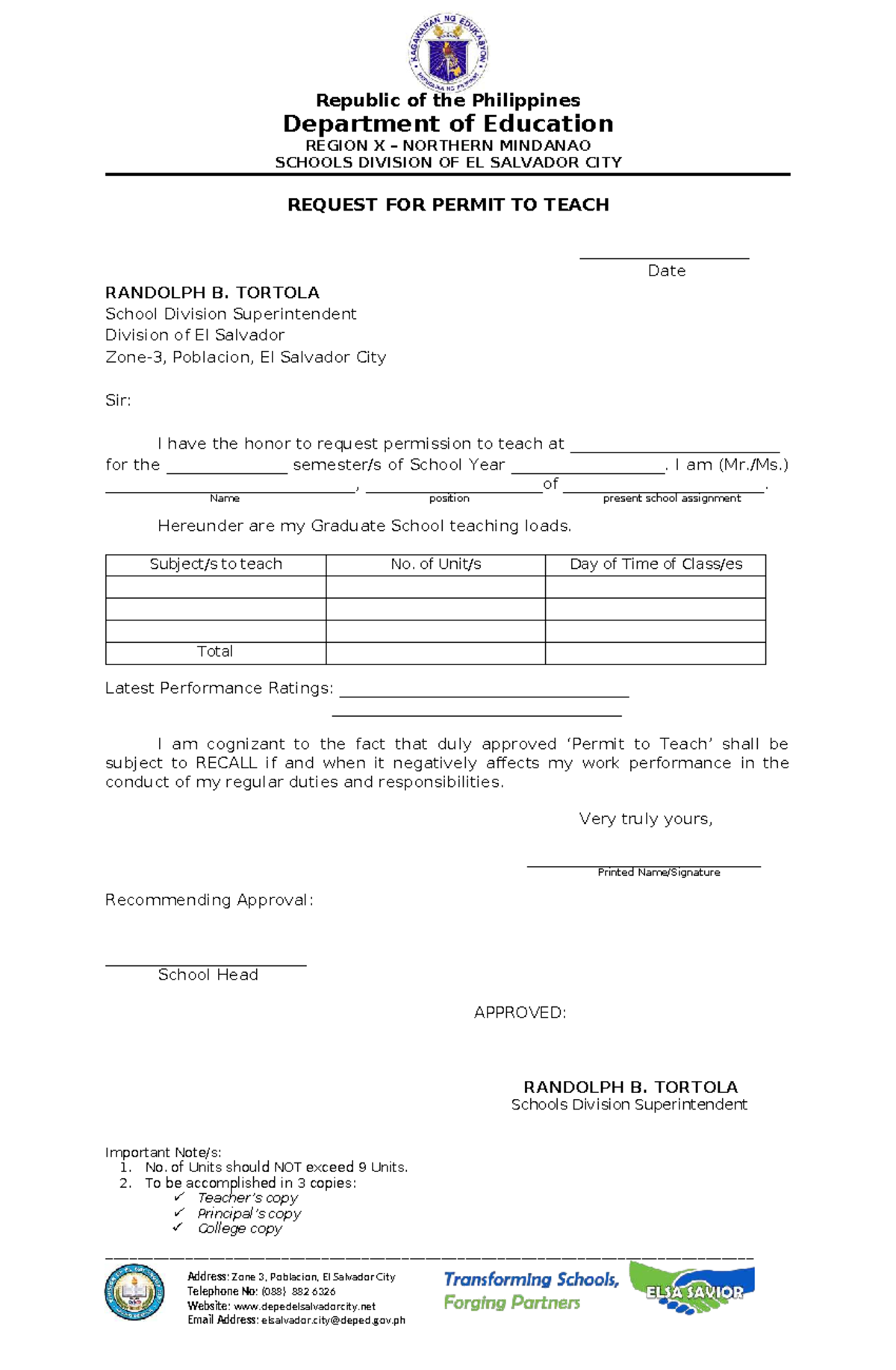 Request for Permit to Teach - El Salvador City Division - Studocu