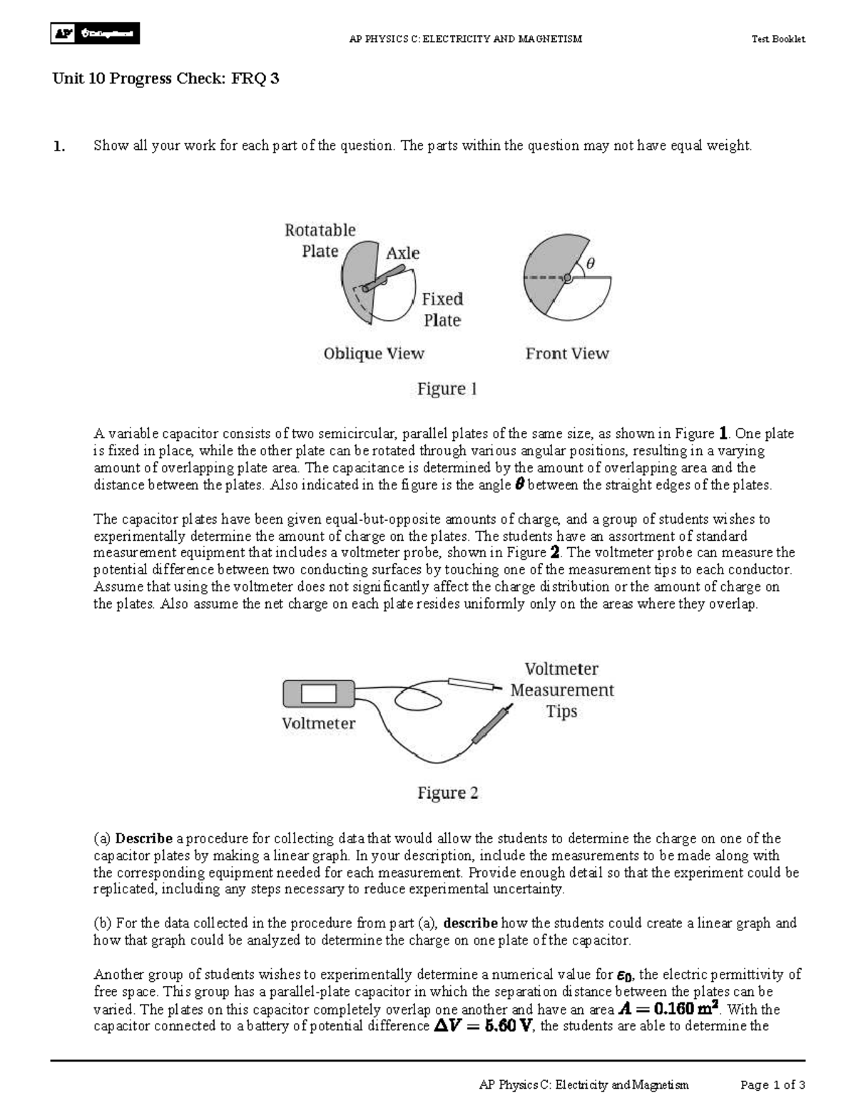 AP PHYSICS C: ELECTRICITY & MAGNETISM Unit 10 Progress Check FRQ 3 ...
