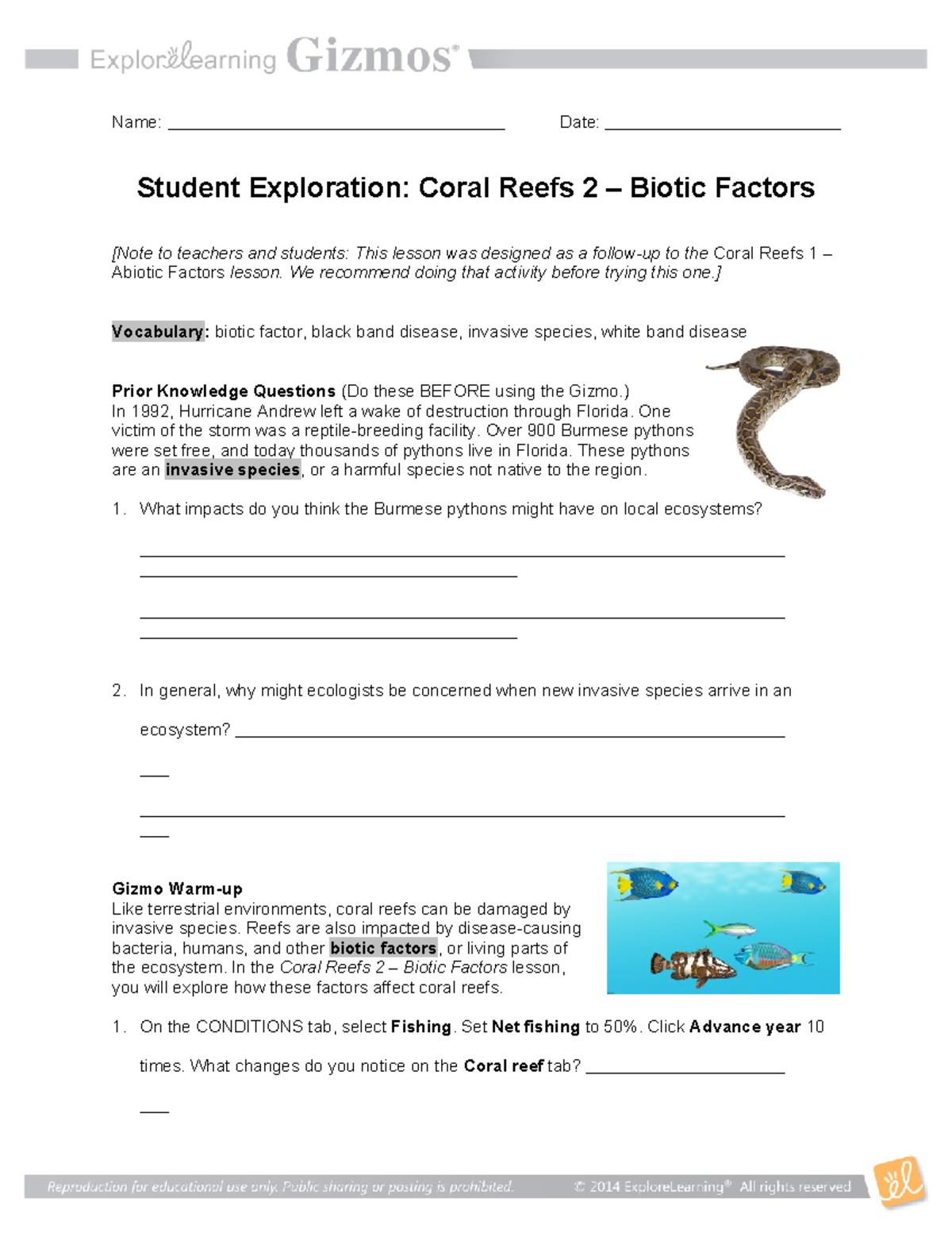 Coral Reefs 2 – Biotic Factors Exploration Answer Sheet - Studocu