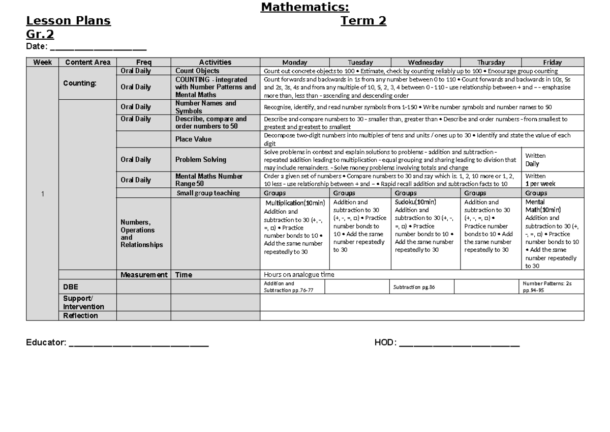 Mathematics Gr.2: Term 2 Lesson Plans and Activities - Studocu