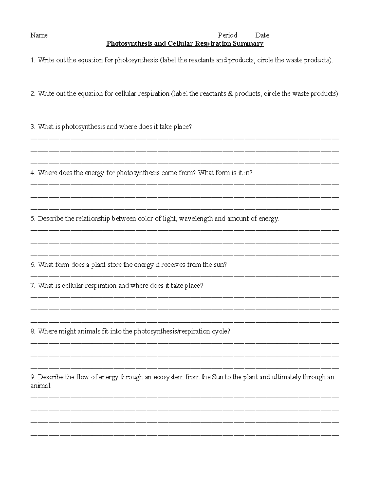 Photosynthesis & Cellular Respiration Summary Worksheet - Studocu