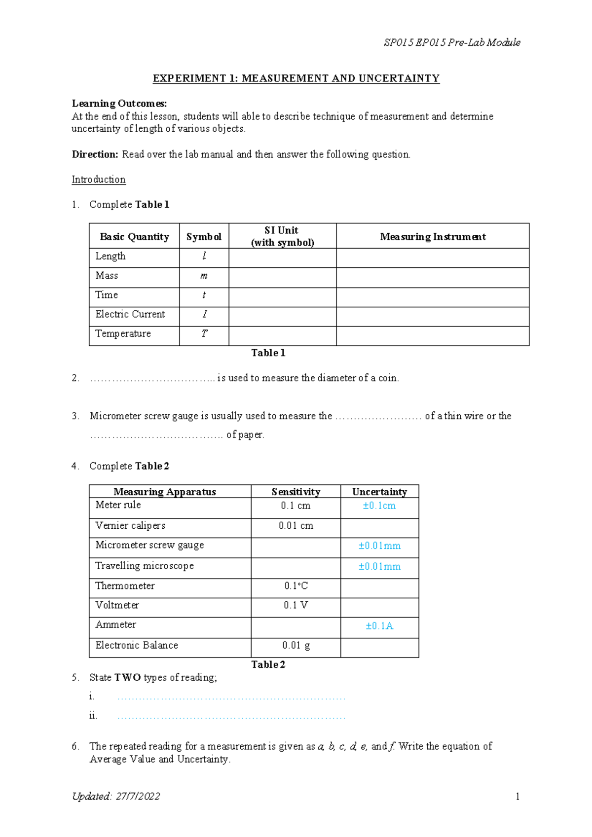 Pre Lab SP015 EP015: Measurement & Uncertainty in Experiments - Studocu