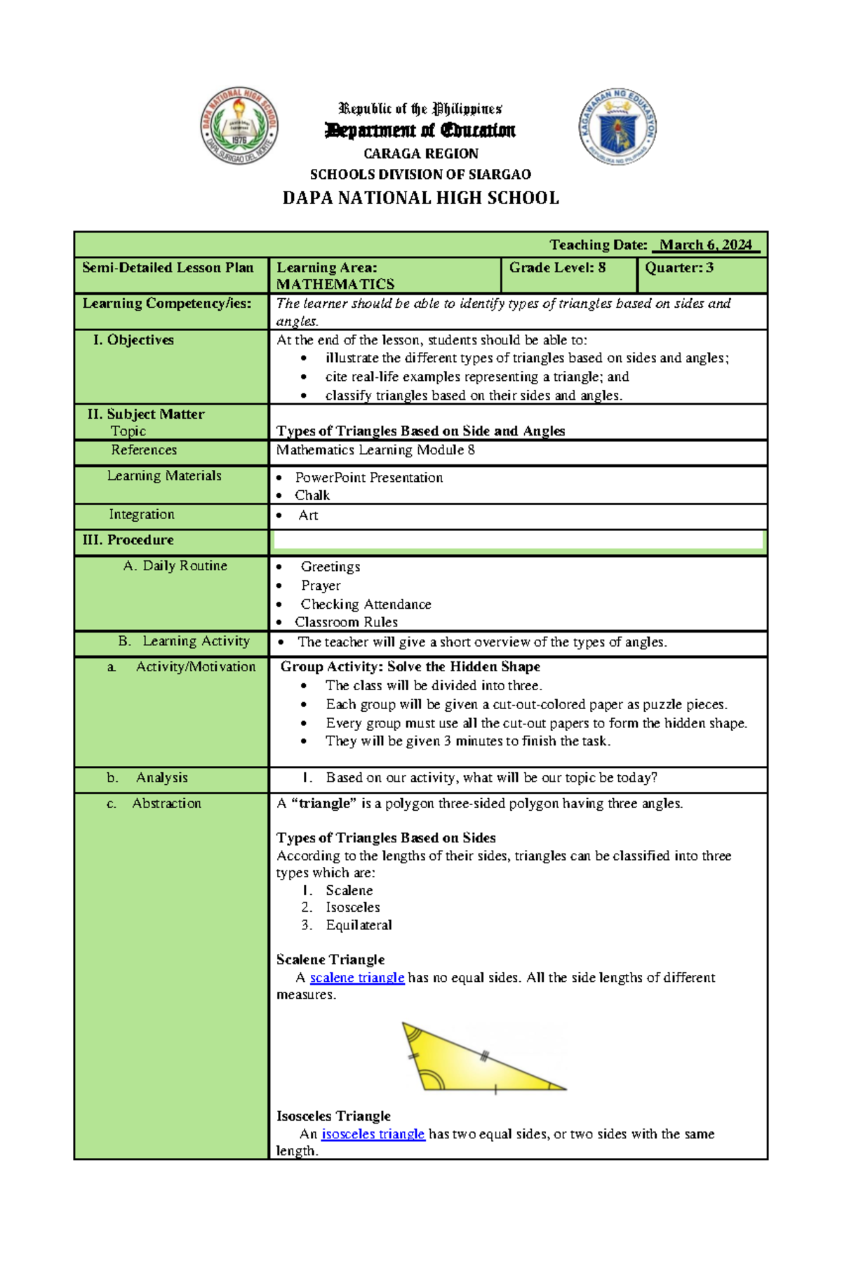 Grade 8 Math Lesson Plan: Types of Triangles (Q3) - Studocu