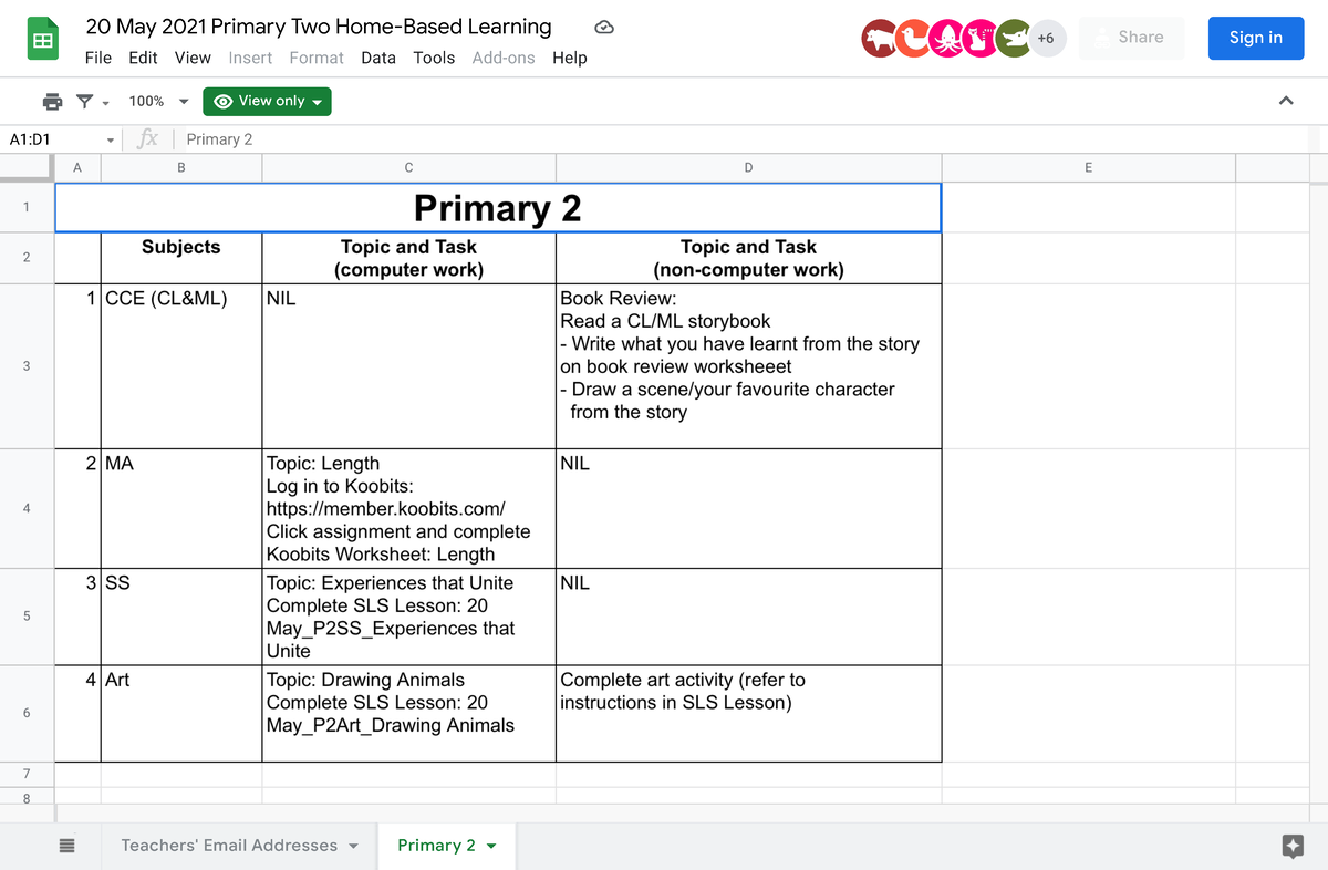 20 May 2021 Primary Two Home-Based Learning - Google Sheets - English A ...