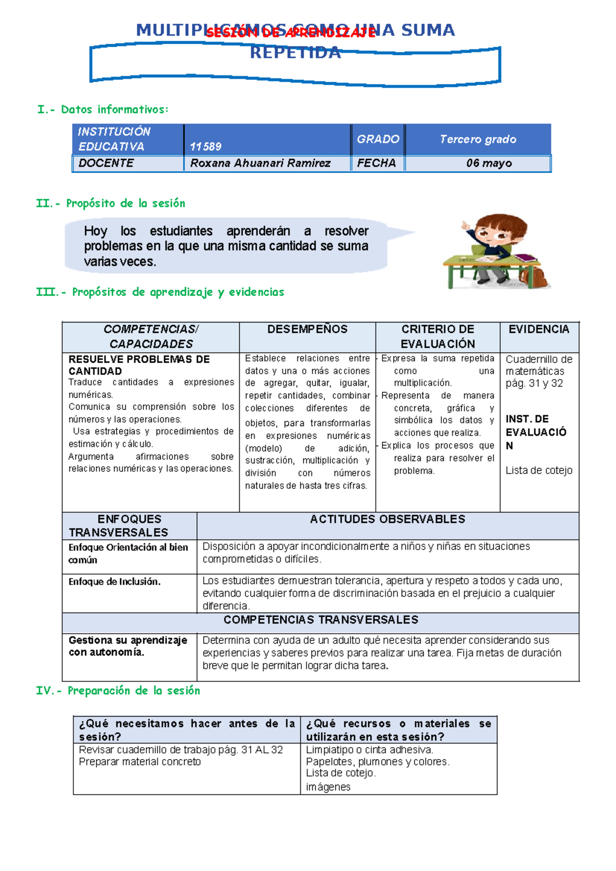 Sesion N° 20 MAT: Multiplicamos como Suma Repetida - 3er Grado - Studocu