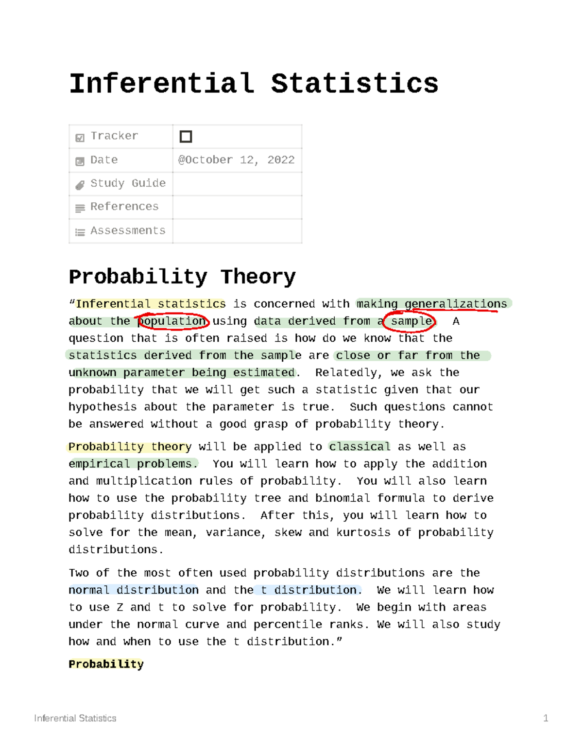 Inferential Statistics Study Notes: Probability, Distributions ...
