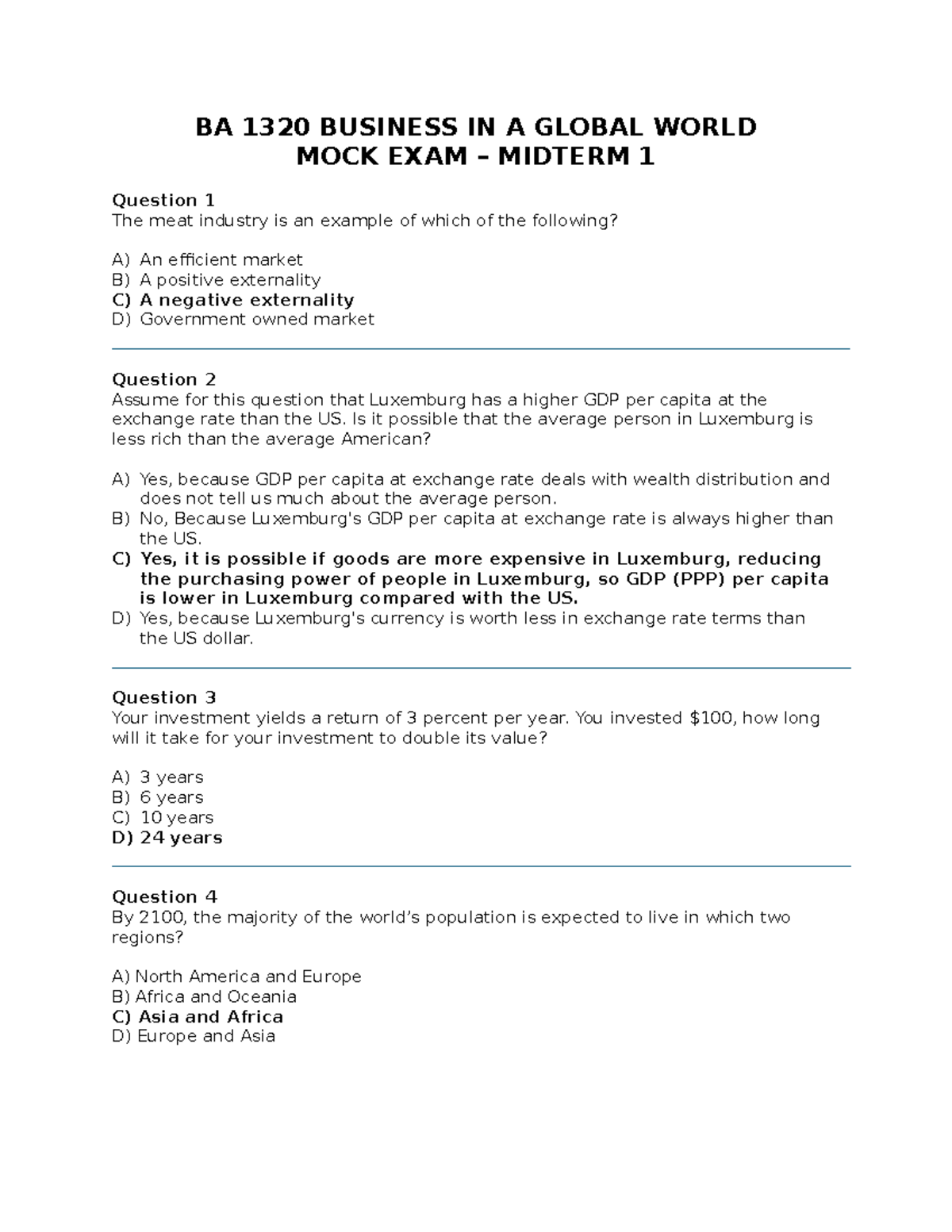 BA 1320 BUSINESS IN A GLOBAL WORLD MIDTERM EXAM REVIEW QUESTIONS - Studocu