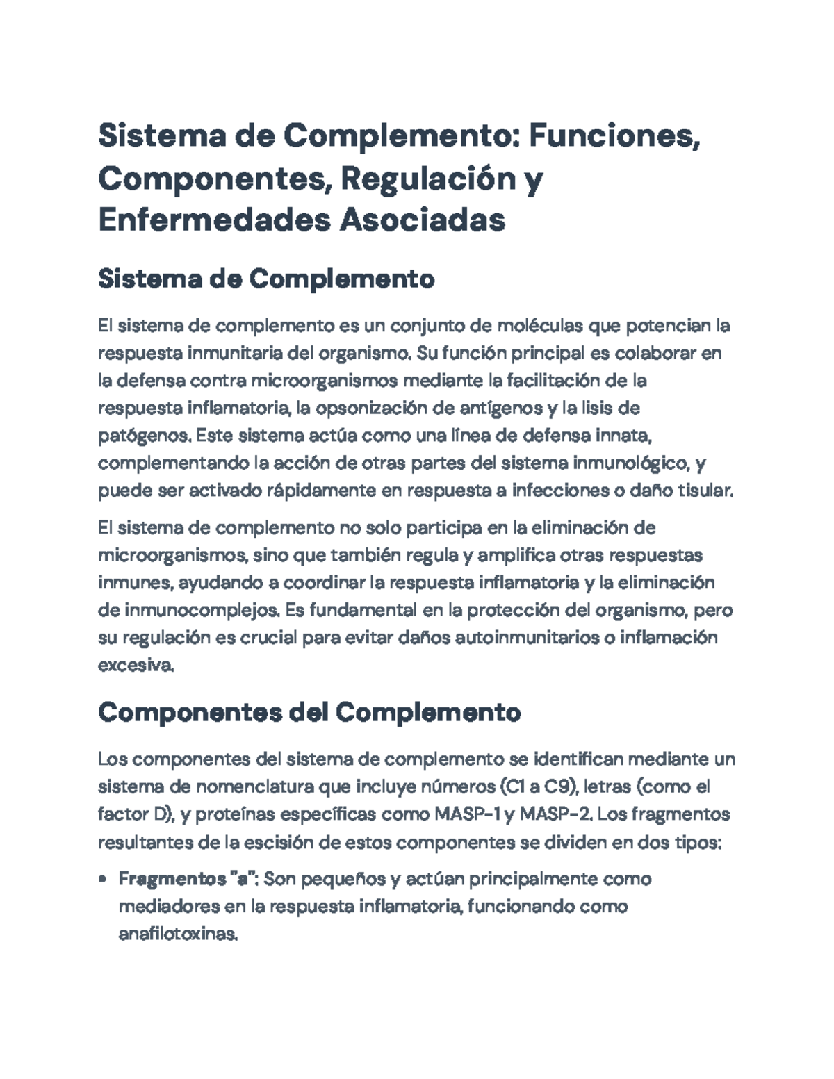 Sistema de Complemento: Funciones, Regulación y Enfermedades Asociadas - Studocu