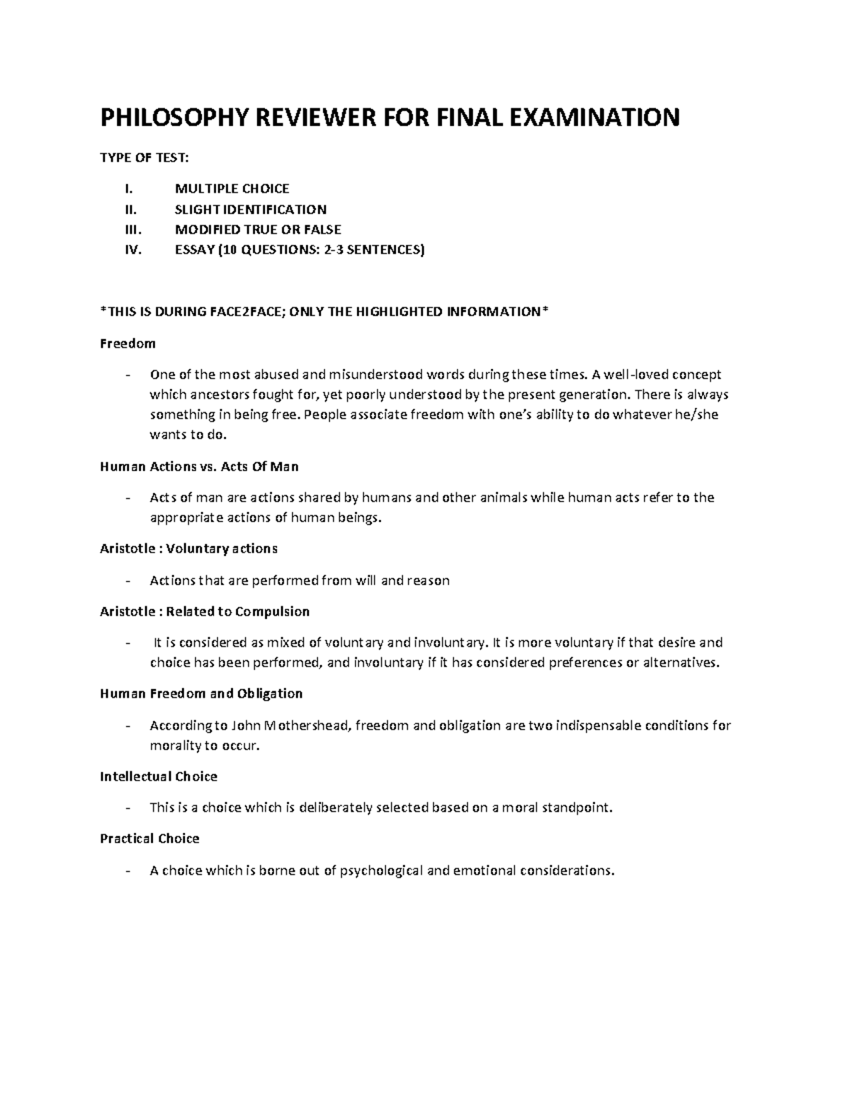 Philosophy 11 - Final Exam Reviewer Notes and Key Concepts - Studocu