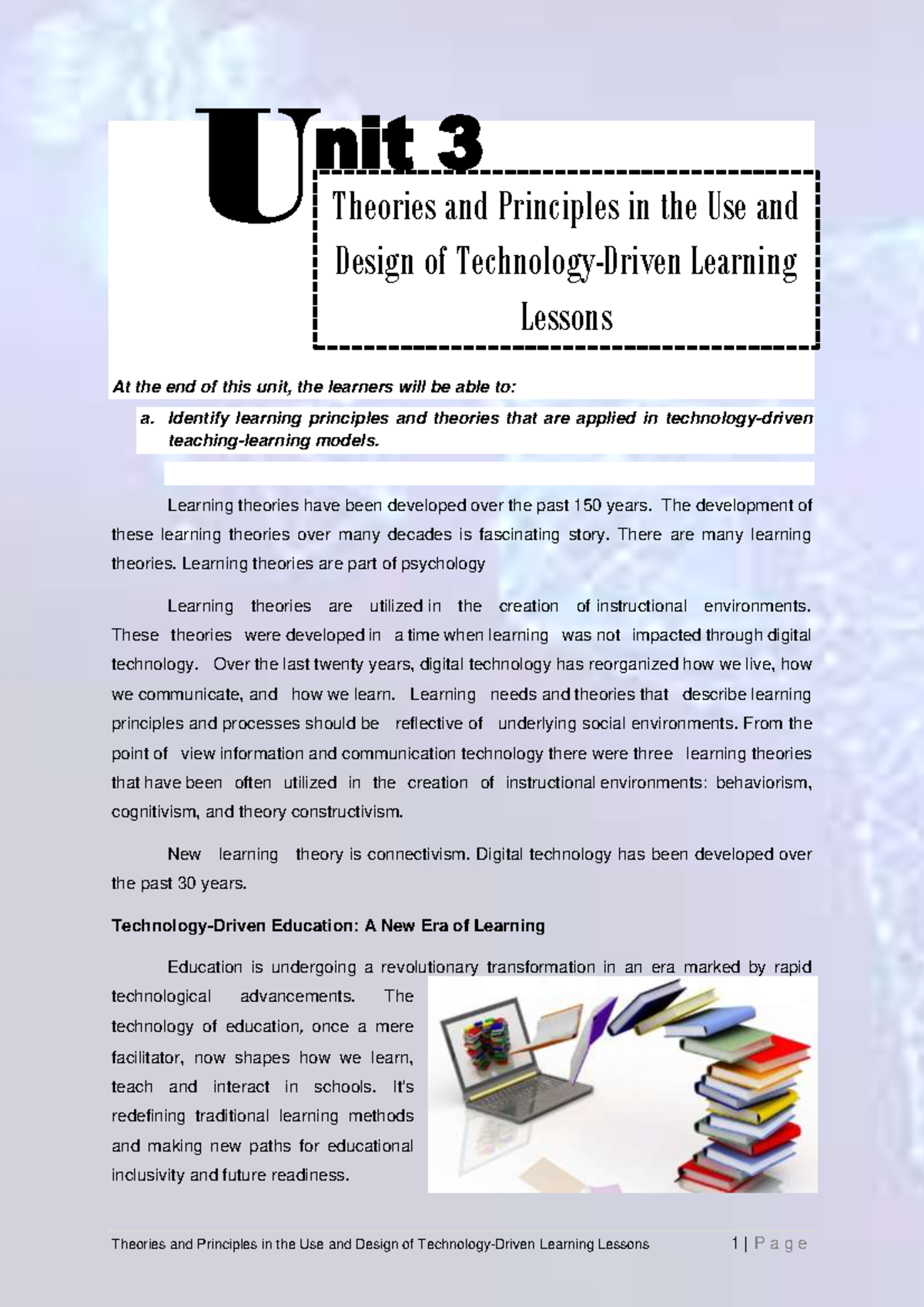 UNIT 3 Theories & Principles of Technology-Driven Learning Design - Studocu