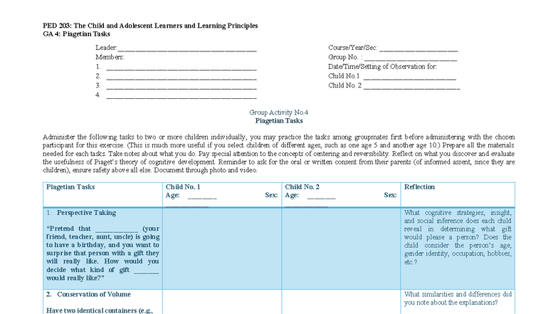PED 203: GA 4 - Piagetian Tasks for Child Development Observation - Studocu