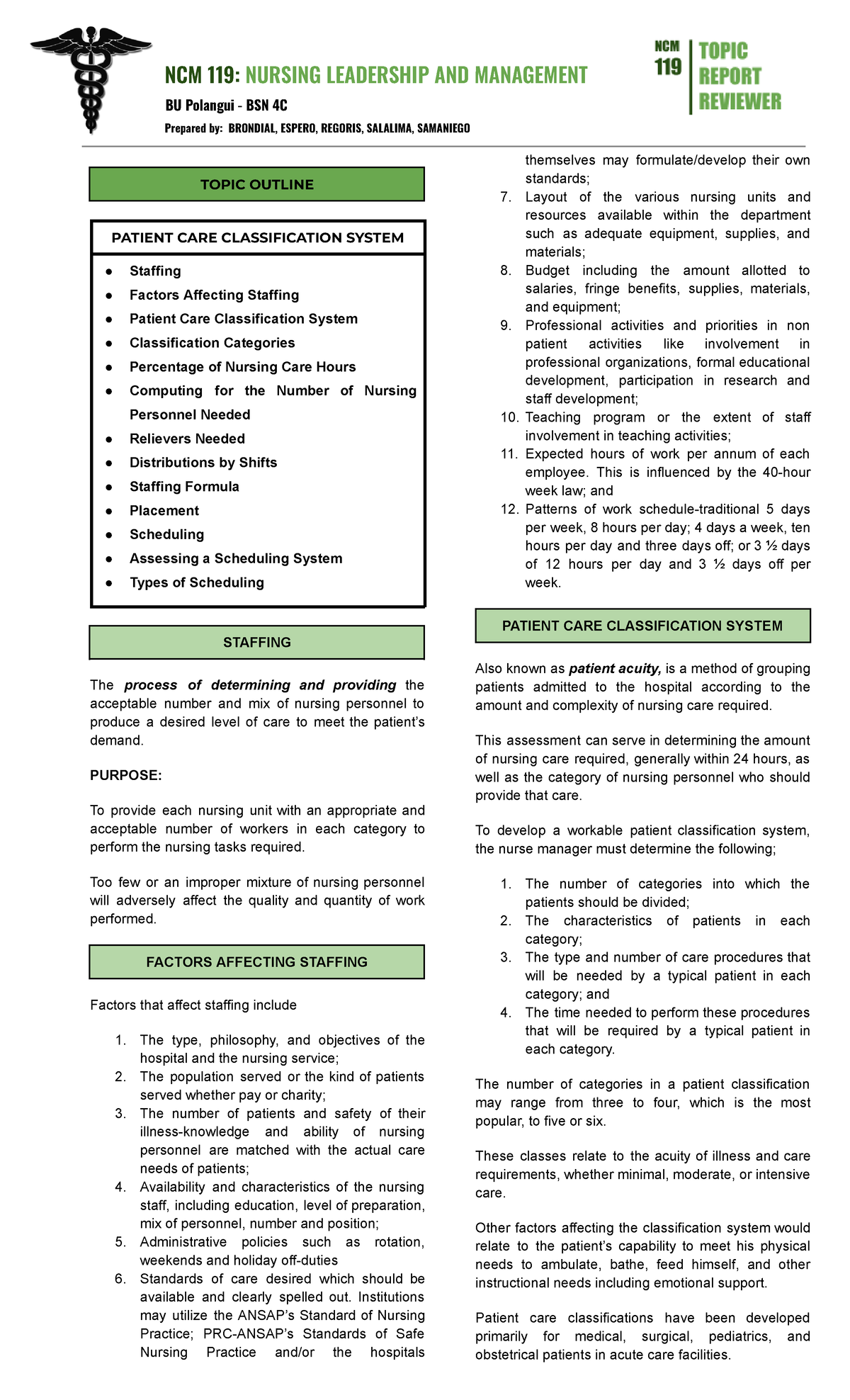 Patient Care Classification System Overview - NCM 119 Final Exam - Studocu