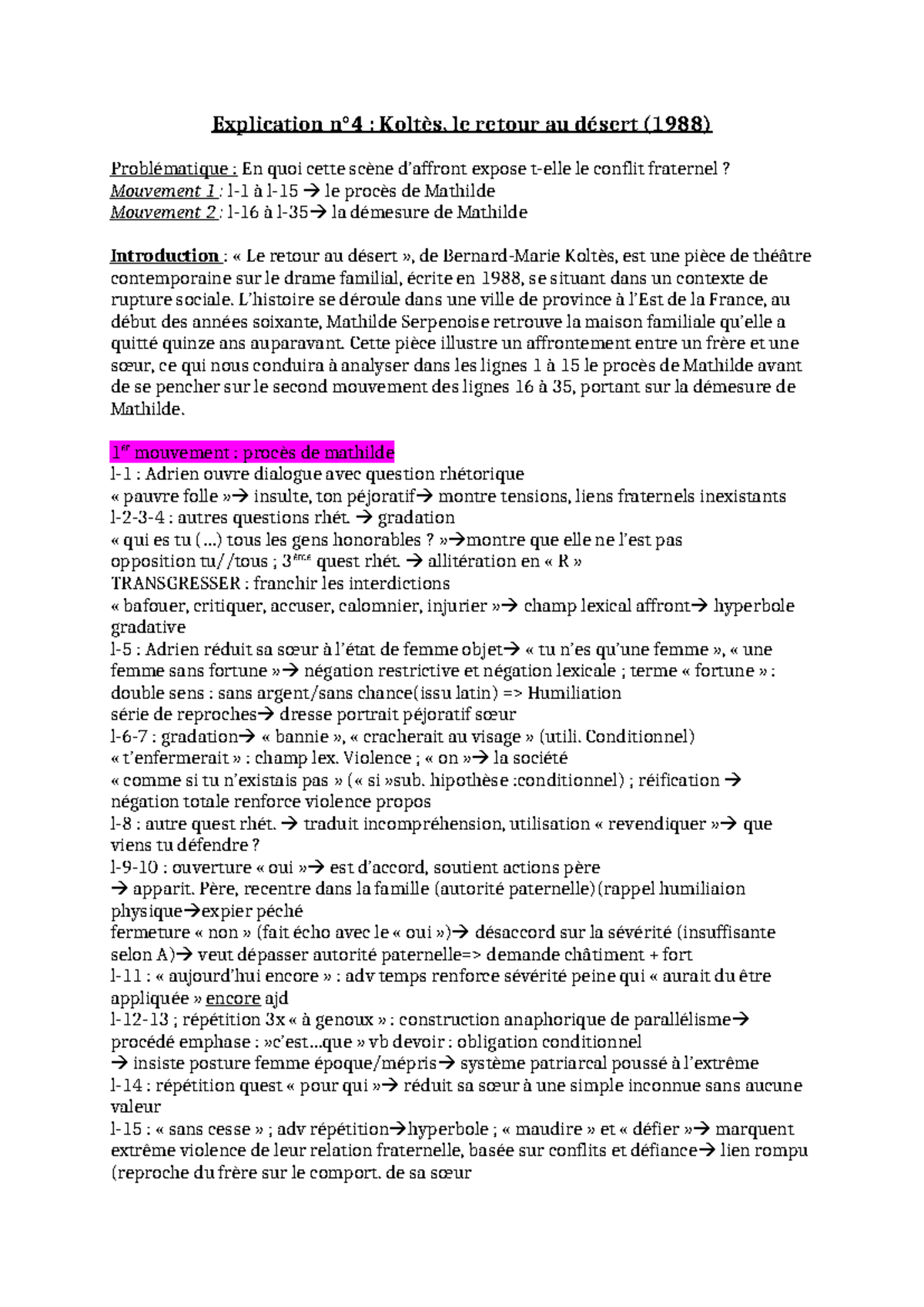 Explication littéraire sur "Le retour au désert" de Koltès - Studocu