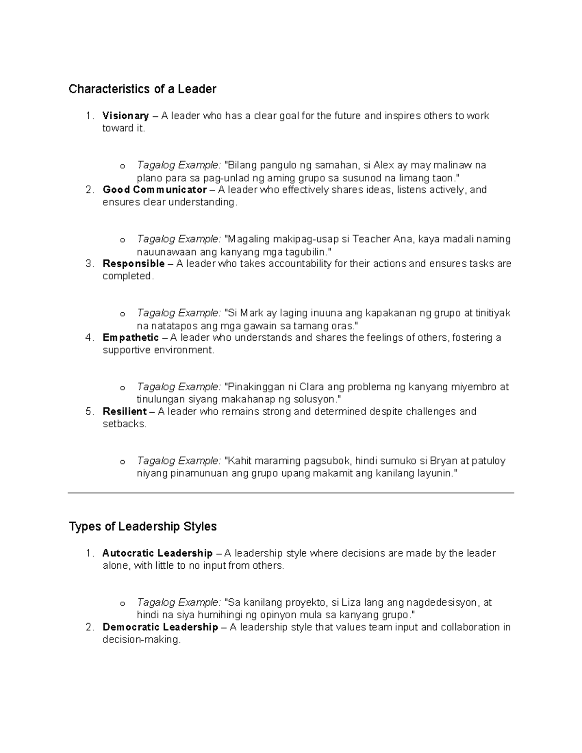 Leadership Concepts and Examples – Definition & Styles in Tagalog - Studocu