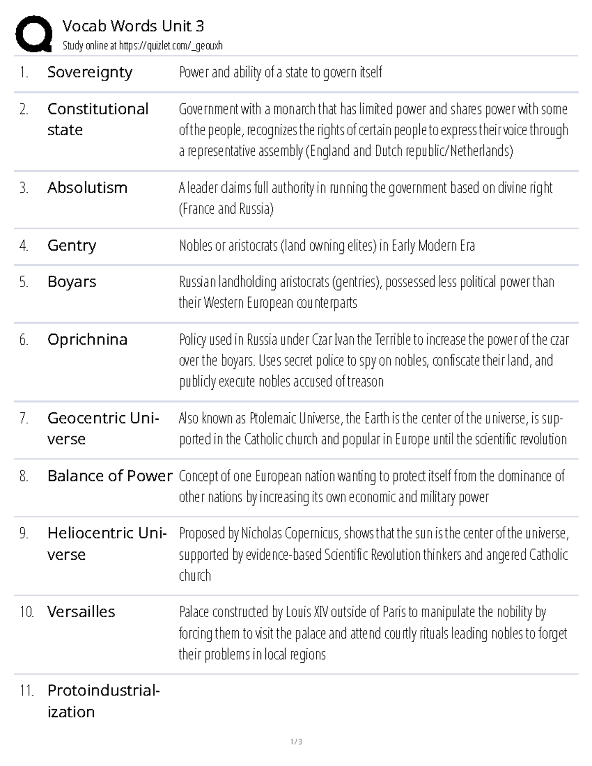 Unit 3 Vocab Study: Sovereignty, Absolutism & More (HIST 101) - Studocu