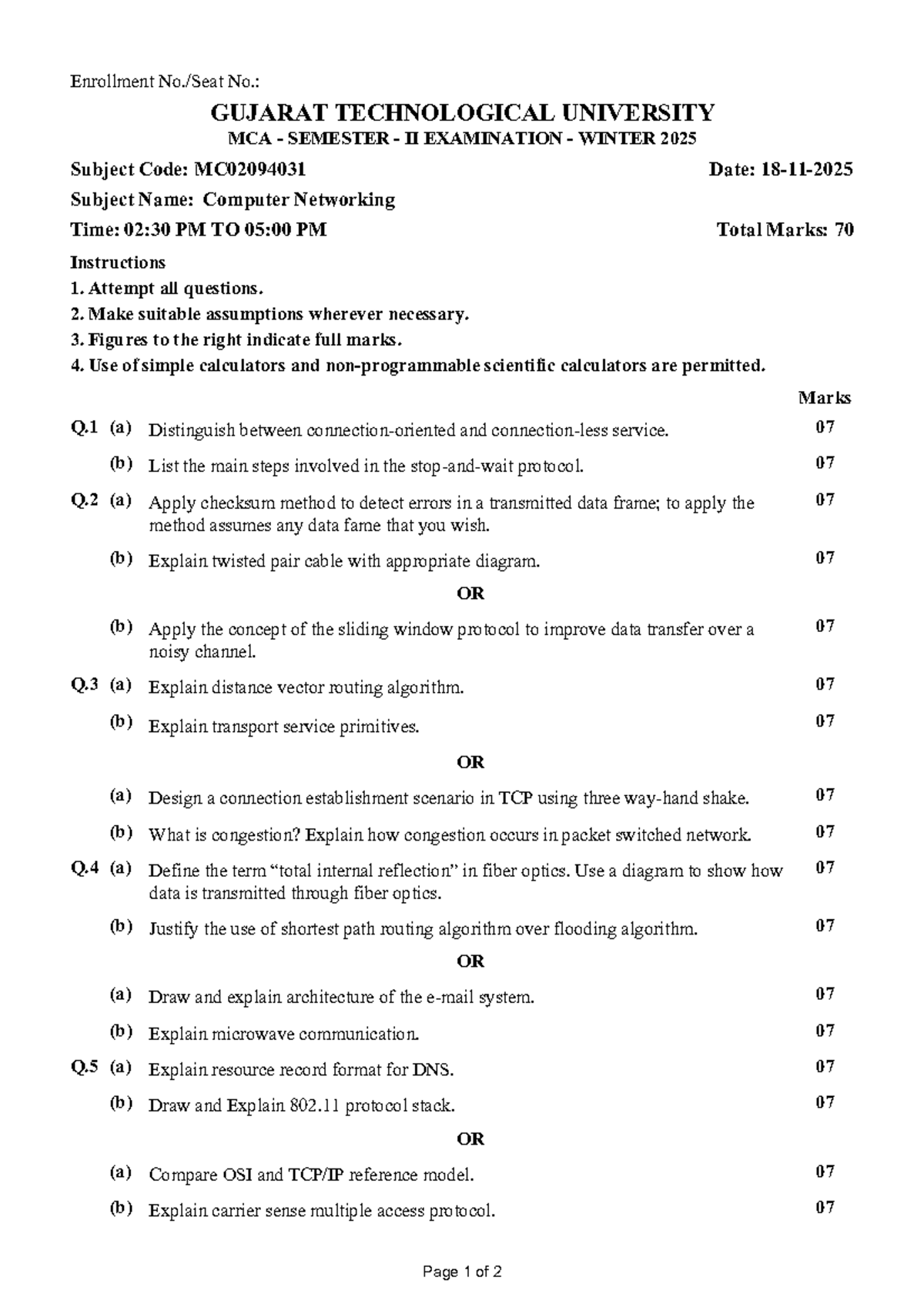 Computer Networking Exam Notes - MCA Sem II [MC02094031] - Studocu