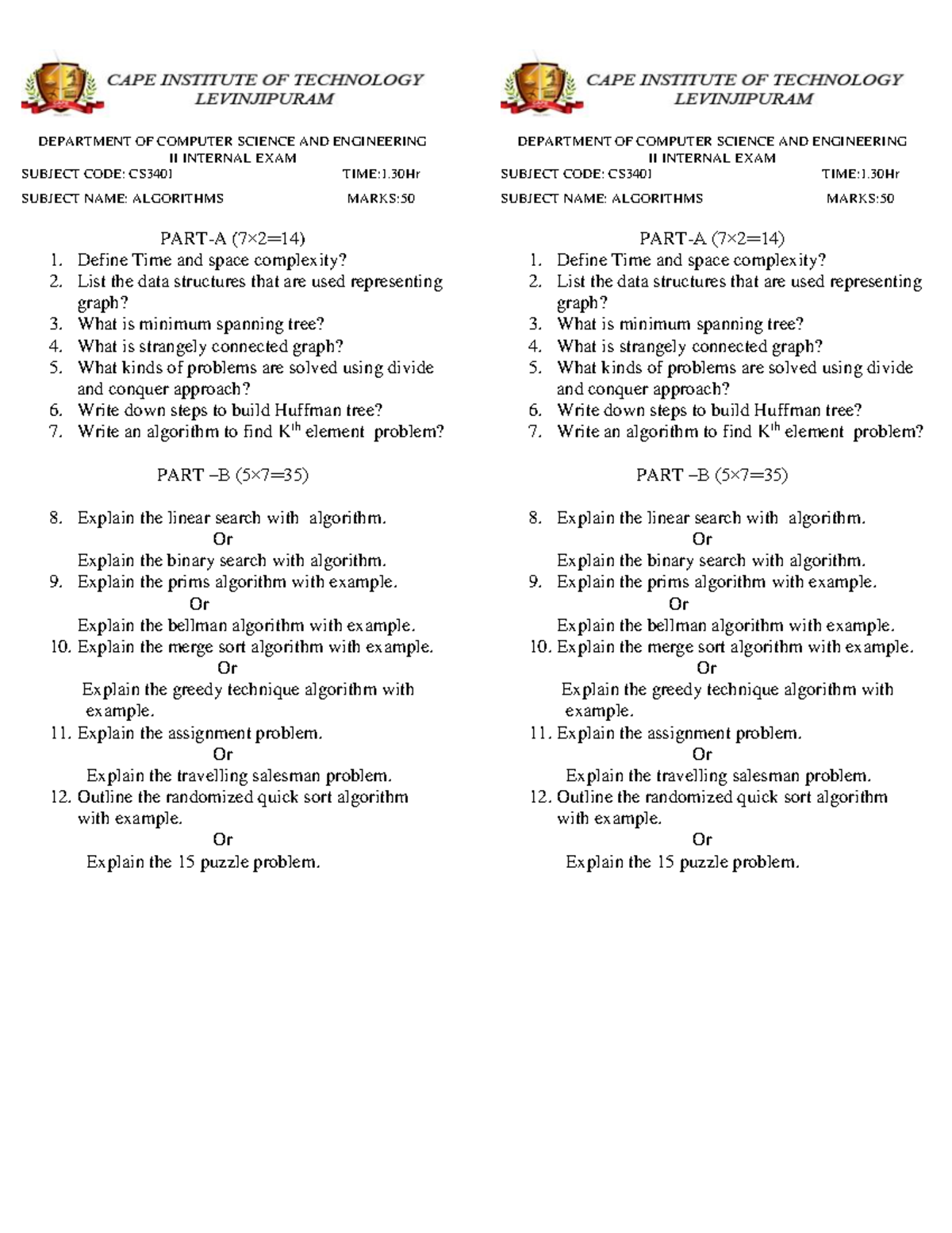 CS3401 - Algorithms II Internal Exam Question Paper - Studocu