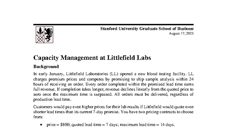 Littlefield Lab Simulation Assignment (BUS 123) - Capacity Management ...