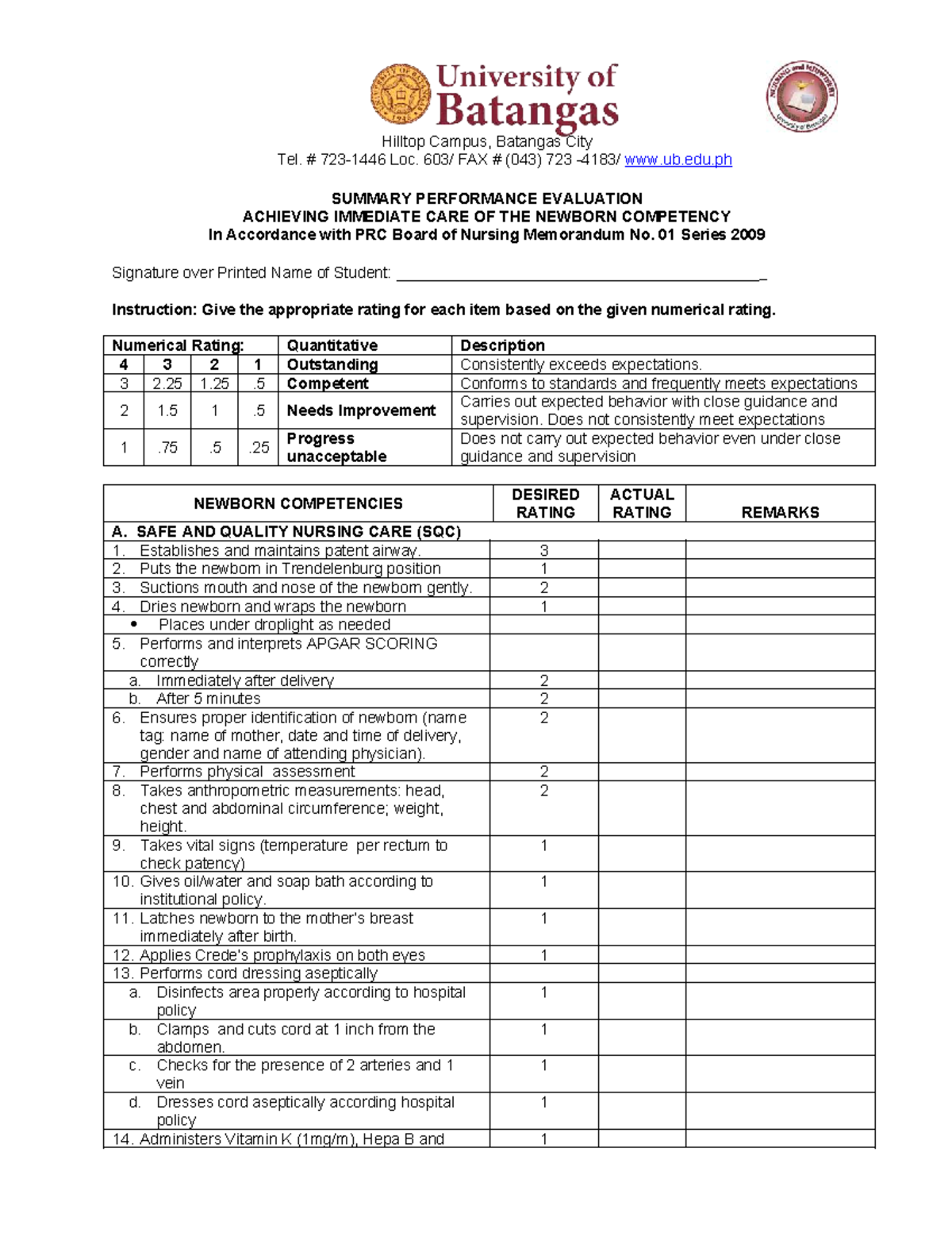 Newborn Competency Evaluation - Nursing Notes (NURS 101) - Studocu