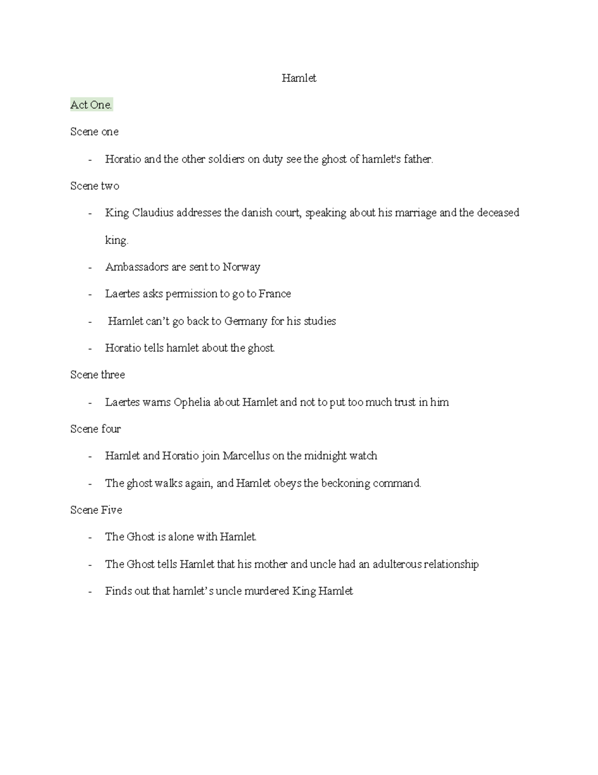 Hamlet Act 1 Summary and Analysis - ENG4U - Studocu