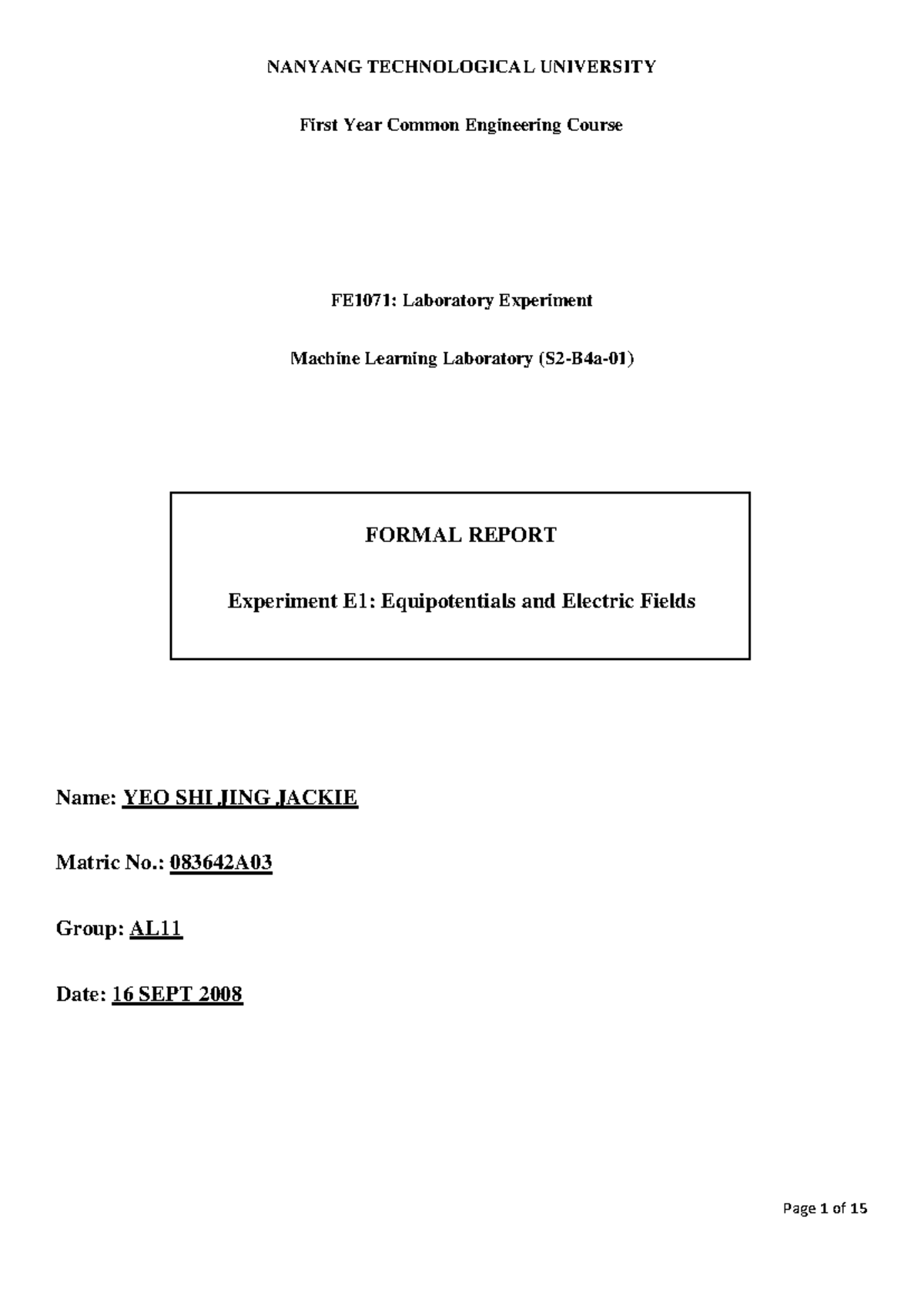 Lab Report E1 - E1 FE1703 - NANYANG TECHNOLOGICAL UNIVERSITY First Year ...