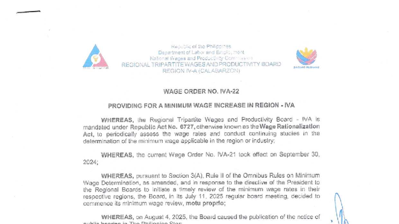 DOLE Wage Order No. IVA.22: Minimum Wage Increase 2025 - Studocu