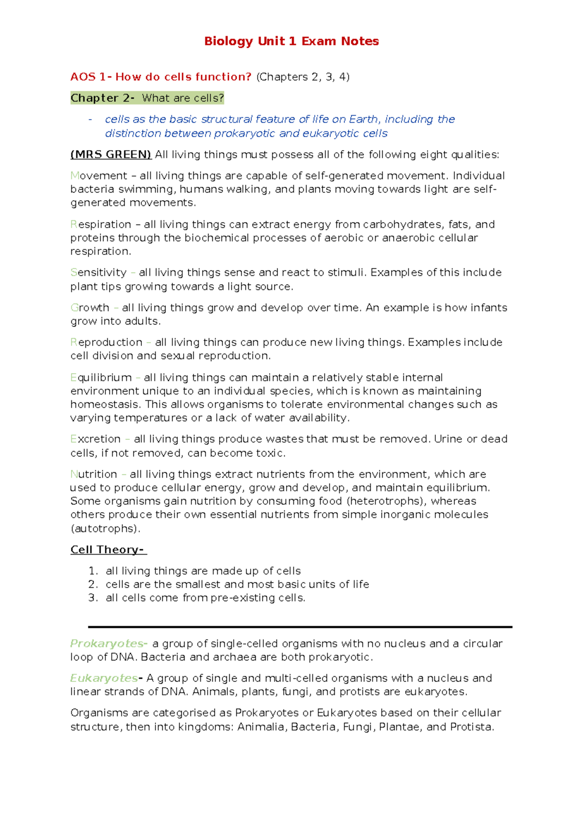 Unit 1 Notes - Summary of Unit 1 Bio - AOS 1- How do cells function ...