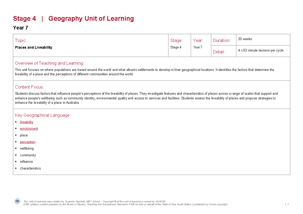 Stage 4 Geography: Understanding Places and Liveability in Year 7 - Studocu