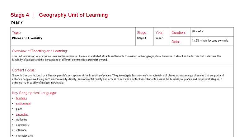 Stage 4 Geography: Understanding Places and Liveability in Year 7 - Studocu