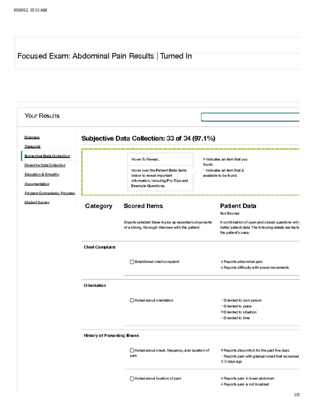 Focused Exam: Abdominal Pain Analysis | Shadow Health Subjective Data ...