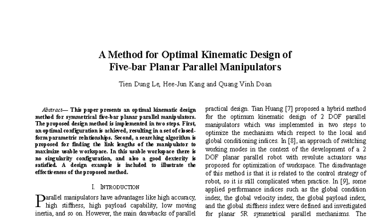 Optimal Kinematic Design of 2DOF Planar Parallel Manipulators - Studocu