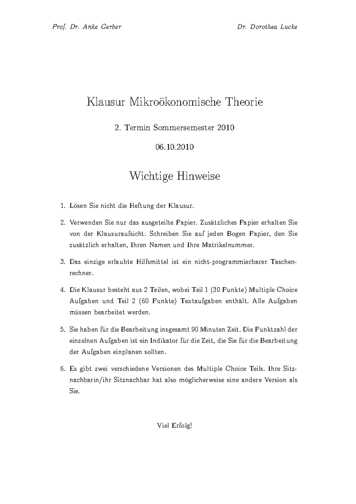 Klausur Theorie 2 - Prof. Dr. Anke Gerber & Dr. Dorothea Lucke, 06.10. ...