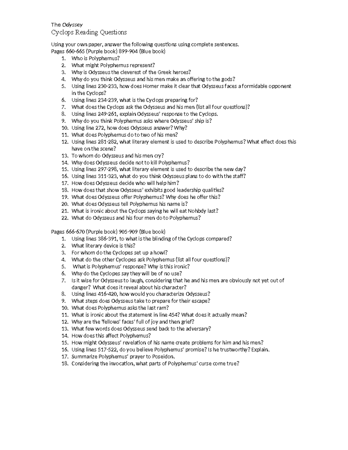 The Cyclops Reading Questions - The Odyssey Cyclops Reading Questions ...